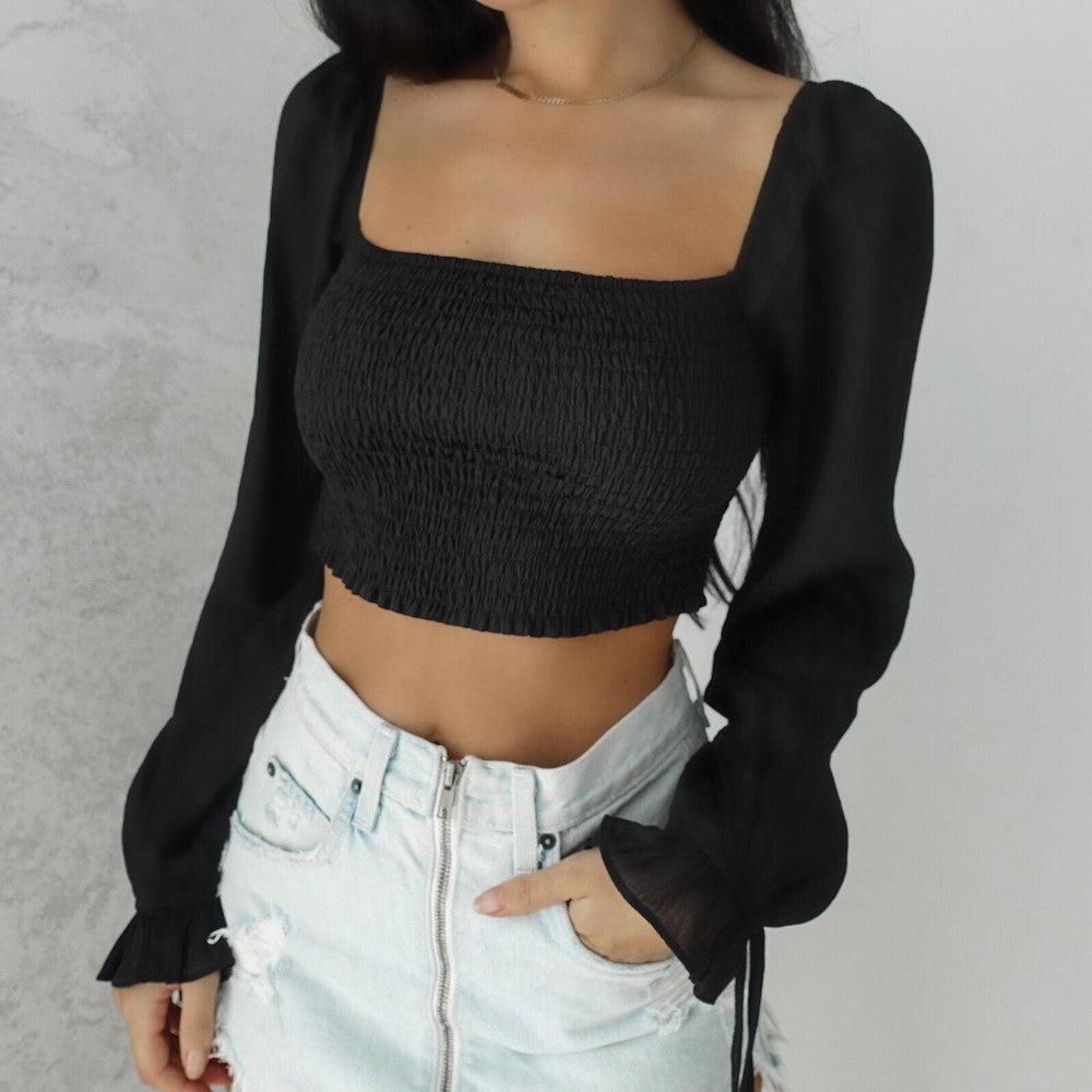 Maggi Top - Black Smocking Crop Top – Love Loren
